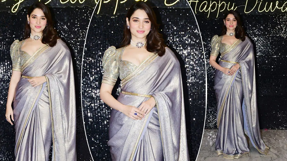 Tamannaah looks gorgeous in this metallic grey golden saree