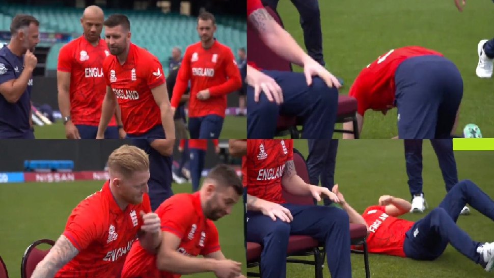 fight between Ben Stokes and Mark wood pushing each other off the chair ...