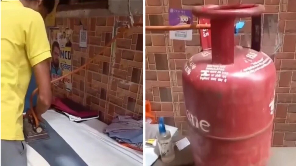 Desi Jugaad Of Ironing Cloths to Use Gas Cylinder Watch Viral Video