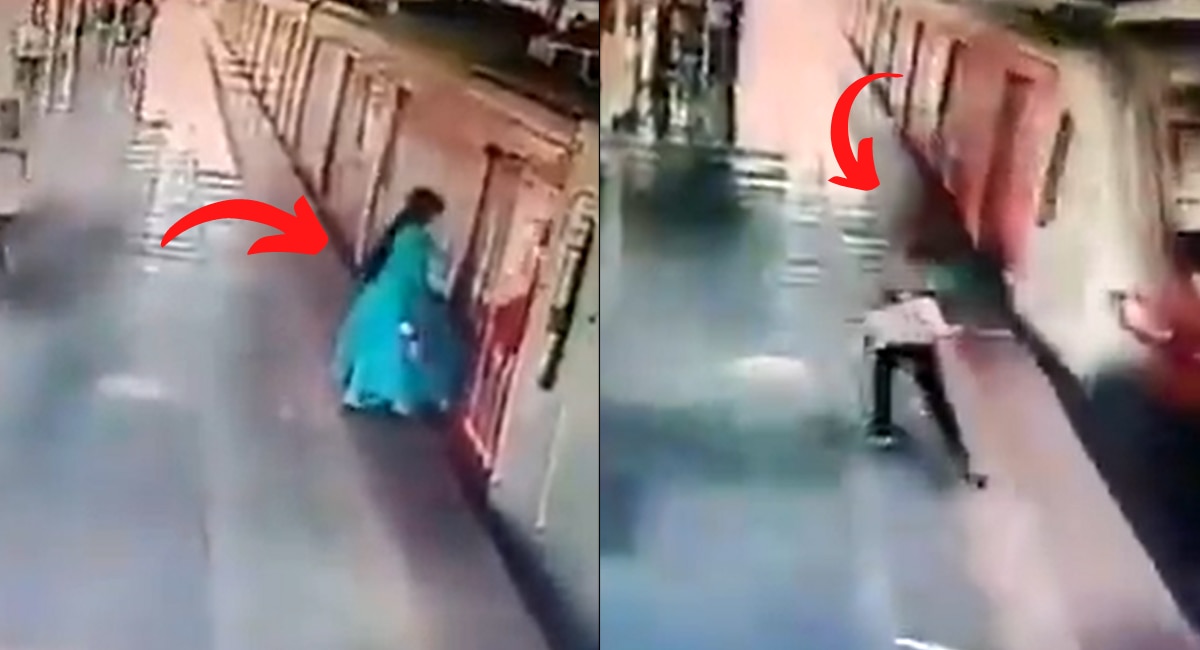 Girl clothes stuck in mumbai metro train at chakala station cctv Video ...