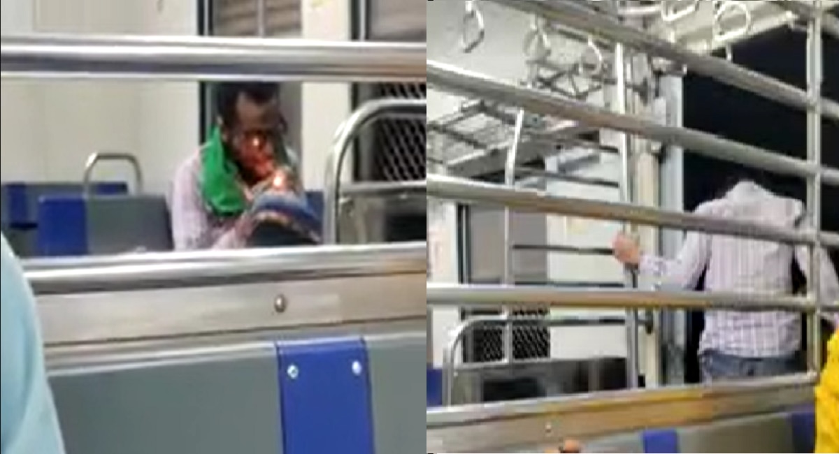 central railway Drug addict smoke cigarettes in the local train compartment