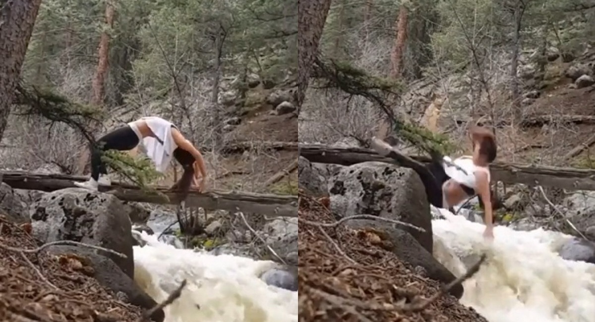 Viral Video of woman Falls Into River While Doing Yoga on log over a ...