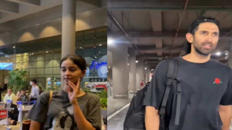 aditya roy kapur and ananya pandey spotted at airport after returning from their spain vacation ...