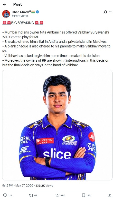 Fact Check IPL 2026 Mumbai Indians owner Nita Ambani has offered ...